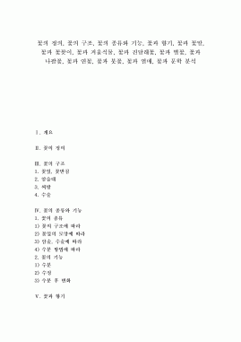 [꽃][향기][꽃말][꽃꽂이]꽃의 정의, 꽃의 구조, 꽃의 종류와 기능, 꽃과 향기, 꽃과 꽃말, 꽃과 꽃꽂이, 꽃과 겨울식물, 꽃과 진달래꽃, 꽃과 별꽃, 꽃과 나팔꽃, 꽃과 연꽃, 꽃과 붓꽃, 꽃과 열매, 꽃과 문학 분석-1페이지