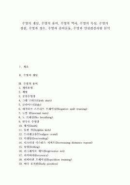 [수영, 수영 개념, 수영 용어, 수영 역사, 수영 특성, 장소, 준비운동, 안전점검사항]수영의 개념, 수영의 용어, 수영의 역사, 수영의 특성, 수영의 장점, 수영과 장소, 수영과 준비운동, 수영과 안전점검사항 분석-1페이지