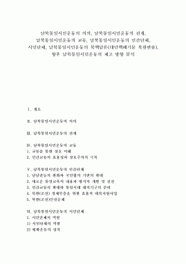 남북통일시민운동의 의의, 남북통일시민운동의 전개, 남북통일시민운동의 교류, 남북통일시민운동의 민간단체, 시민단체, 남북통일시민운동의 북핵담론(대만핵폐기물 북한반출), 향후 남북통일시민운동의 제고 방향-1페이지