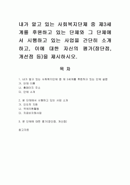 내가 알고 있는 사회복지단체 중 제3세계를 후원하고 있는 단체와 그 단체에서 시행하고 있는 사업을 간단히 소개하고, 이에 대한 자신의 평가(장단점, 개선점 등)을 제시.-1페이지