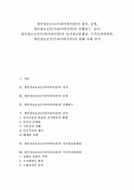 [개인정보보호]개인정보보호(프라이버시권)의 정의, 유형, 개인정보보호(프라이버시권)의 선행연구, 감시, 개인정보보호(프라이버시권)의 자기정보통제권, 국가인권위원회, 개인정보보호(프라이버시권)의 침해 사례-1페이지