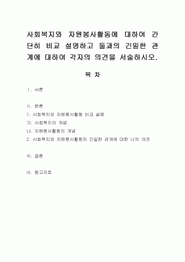 사회복지와 자원봉사활동에 대하여 간단히 비교 설명하고 둘과의 긴밀한 관계에 대하여 각자의 의견을 서술.-1페이지