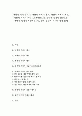 [생산적 복지][자활지원사업]생산적 복지의 의미, 생산적 복지의 연혁, 생산적 복지의 배경, 생산적 복지의 국민기초생활보호법, 생산적 복지의 건강보험, 생산적 복지의 자활지원사업, 향후 생산적 복지의 과제-1페이지