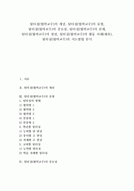 팀티칭(협력교수)의 개념, 팀티칭(협력교수)의 유형, 팀티칭(협력교수)의 중요성, 팀티칭(협력교수)의 단계, 팀티칭(협력교수)의 장점, 팀티칭(협력교수)의 활동 사례(체육), 팀티칭(협력교수)의 지도방법 분석-1페이지