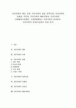 시민사회의 개념, 유형, 시민사회의 성립, 영역규정, 시민사회의 정체성, 이중성, 시민사회의 해방지향성, 시민사회의 유엔활동(UN활동, 국제연합활동), 시민사회의 인권담론, 시민사회의 선언문(표현의 자유)-1페이지