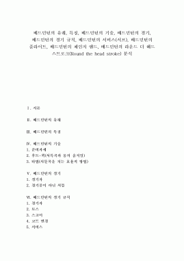 배드민턴의 유래, 특징, 배드민턴의 기술, 배드민턴의 경기, 배드민턴의 경기 규칙, 배드민턴의 서비스(서브), 배드민턴 플라이트, 배드민턴 체인지 엔드, 배드민턴 라운드 더 헤드 스트로크(Round the head stroke)-1페이지