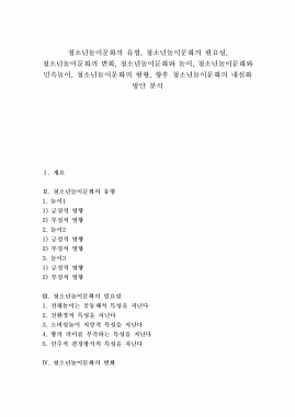 [청소년놀이문화]청소년놀이문화의 유형, 청소년놀이문화의 필요성, 청소년놀이문화의 변화, 청소년놀이문화와 놀이, 청소년놀이문화와 민속놀이, 청소년놀이문화의 현황, 향후 청소년놀이문화의 내실화 방안-1페이지