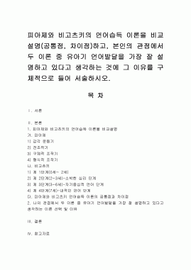 피아제와 비고츠키의 언어습득 이론을 비교 설명(공통점, 차이점), 본인의 관점에서 두 이론 중 유아기 언어발달을 가장 잘 설명하고 있다고 생각하는 것에 그 이유를 구체적으로 들어 서술-1페이지