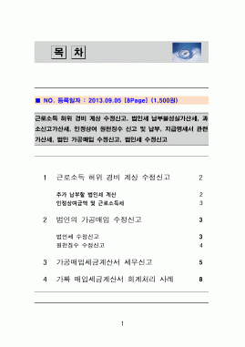 근로소득 허위 경비 계상 수정신고, 법인세 납부불성실가산세, 과소신고가산세, 인정상여 원천징수 신고 및 납부, 지급명세서 관련 가산세, 법인 가공매입 수정신고, 법인세 수정신고 -1페이지