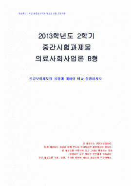 2013년 2학기 의료사회사업론 중간시험과제물 B형(건강보험제도의 유형)-1페이지