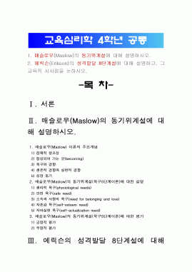 [교육심리학공통]1)매슬로우(Maslow)의 동기위계설에 대해 설명 2)에릭슨 성격발달8단계설에 대해 설명하고 교육적 시사점을 논하시오_매슬로우동기위계설 에릭슨성격발달8단계설명-1페이지