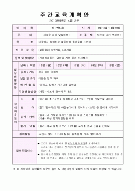 <(만1세) 주간계획안 및 일일보육일지> 4월 3째주 - 주제 : 새로운 것이 낯설어요Ⅱ / 소주제 : 밖으로 나가 보아요1 / 목표 :  바깥에서 놀이하고 활동하며 즐거움을 느낀다-1페이지