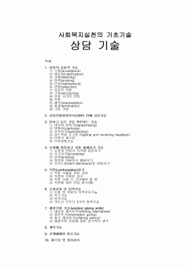 [사회복지실천기술론] 사회복지실천의 기초기술 - 상담 기술 (상담의 공통적 기술, 상담면접평정양식안의 기술, 초점유지 및 탐색기술, 해결부여기술, 계약기술, 관계해제와 종료기술) -1페이지