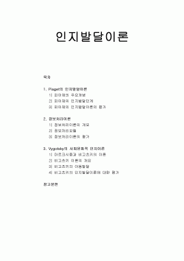 [아동발달] 인지발달이론 - 피아제(Piaget)의 인지발달이론, 정보처리이론, 비고츠키(Vygotsky)의 사회문화적 인지이론 -1페이지