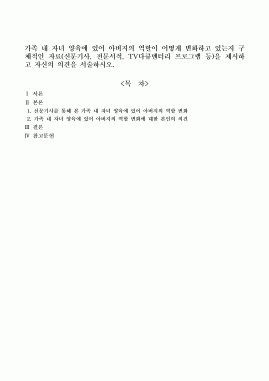 가족내자녀 양육에있어아버지의역할이어떻게변화하고있는지구체적인 자료(신문기사, 전문서적, TV다큐멘터리 프로그램 등)을 제시하고 자신의 의견을 서술.-1페이지