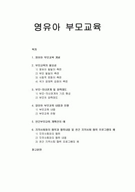 영유아 부모교육 -영유아 부모교육 개념, 부모교육의 필요성, 부모-자녀관계 및 양육태도, 영유아 부모교육 내용과 유형, 연간부모교육 계획안의 예, 지역사회와의 협력과 협력내용 -1페이지