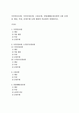 국민연금보험, 국민건강보험, 고용보험, 산업재해보상보험의 4대 보험을 개념, 부담, 운영주체 등에 대하여 비교하여 설명.-1페이지