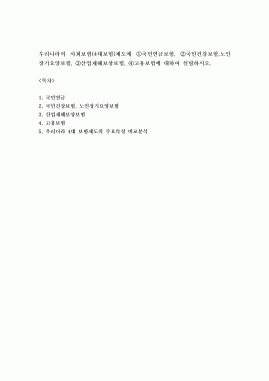 우리나라의 사회보험(4대보험)제도에 ①국민연금보험, ②국민건강보험,노인장기요양보험, ③산업재해보상보험, ④고용보험에 대하여 설명.-1페이지