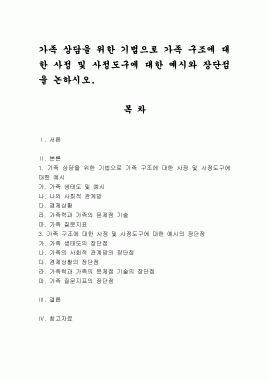 가족 상담을 위한 기법으로 가족 구조에 대한 사정 및 사정도구에 대한 예시와 장단점을 논하시오. -1페이지