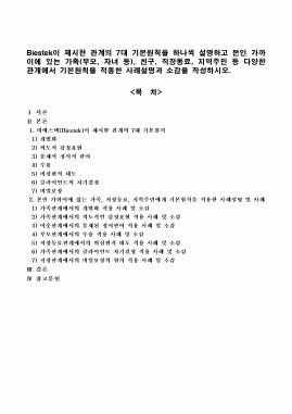 비에스텍(Biestek)이 제시한 관계의 7대 기본원칙을 하나씩 설명하고 본인 가까이에 있는 가족(부모, 자녀 등), 친구, 직장동료, 지역주민 등 다양한 관계에서 기본원칙을 적용한 사례 설명-1페이지