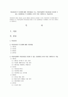 아동권리의 각 유형에 대한 기본개념을 쓰고, 어린이집에서 아동권리를 존중할 수 있는 실천방안을 각 유형별로 2가지 이상 구체적으로 서술-1페이지