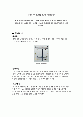 [물리학 실험] 힘의 벡터합성 : 힘의 평형장치를 이용하여 물체에 동시에 작용하는 힘들의 합성을 이해하고 물체가 평형상태에 있는 조건을 찾아서 도식법과 해석법(성분법)으로 비교 분석-1페이지