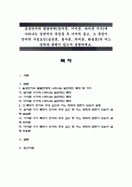 음성언어의 발달단계(일어문, 이어문, 다어문 시기)에 나타나는 일반적인 특징을 두 가지씩 들고, 그 특징이 언어의 구성요인(음운론, 통사론, 의미론, 화용론)의 어느 영역과 관련이 있는지 설명.-1페이지