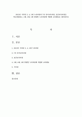 2013년 시작된 3, 4, 5세 누리과정과 7차 유아교육과정, 표준보육과정을 비교설명하고, 3세, 4세, 5세 연령별 누리과정에 적합한 교육활동을 제시-1페이지