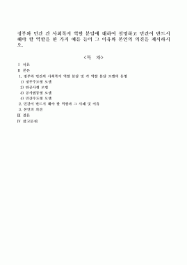 정부와 민간 간 사회복지 역할 분담에 대하여 설명하고 민간이 반드시 해야 할 역할을 한 가지 예를 들어 그 이유와 본인의 의견을 제시.-1페이지