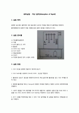 [화학실험] 액상 흡착 (Adsorption of liquid) : 일정한 농도에서 흡착제의 양과 흡수탑의 길이와 직경을 변화시켜 흡착량을 측정, 흡착평형정수와 흡착기구를 규명함으로써 흡착 원리를 이해-1페이지