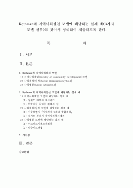 로스만(Rothman)의 지역사회실천 모델에 해당하는 실제 예(3가지 모델 전부)를 찾아서 정리하여 제출하도록 한다 - 지역사회개발 모델 & 사회계획/정책(Social planning/policy)모델 & 사회행동(Social action)모델-1페이지