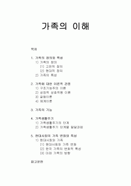 가족의 이해 - 가족의 정의와 특성, 가족에 대한 이론적 관점, 가족의 기능, 가족생활주기, 현대사회의 가족 변화와 특성-1페이지