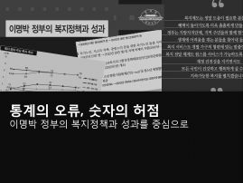 통계의 오류, 숫자의 허점 - 이명박 정부의 복지정책과 성과를 중심으로 (이명박 정부의 복지정책과 성과, 데이터의 허점, 발견된 오류, 사례, 데이터의 수정과 그 의미).PPT자료-1페이지