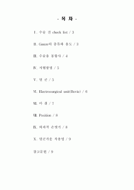 수술실 report (수술 전 check, Gauze의 종류와 용도, 수술용 봉합사, 지혈방법, 멸균, Electrosurgical unit(Bovie), 마취, Position, 외과적 손씻기, 멸균가운 착용법)-1페이지