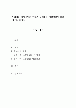 우리나라 요양산업의 현황과 문제점과 개선방안에 대하여 서술하시오.-1페이지