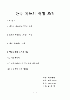 한국 체육의 행정 조직 - 체육행정기구,문화체육관광부,지방 체육행정,민간단체 대한체육회 국민체육 진흥공단,국민생활 체육 협의회 관한 보고서-1페이지