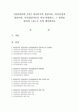 [상담심리학 공통] 정신분석적 상담이론, 인간중심적 상담이론, 인지상담이론을 비교·설명, 결과를 하나의 <표>로 요약 제시하시오-1페이지