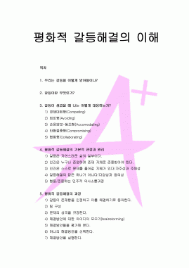 평화적 갈등해결의 이해 (갈등의 개념, 갈등대응방법 및 종류, 평화적 갈등해결의 기본적 관점과 원리, 평화적 갈등해결의 과정)-1페이지