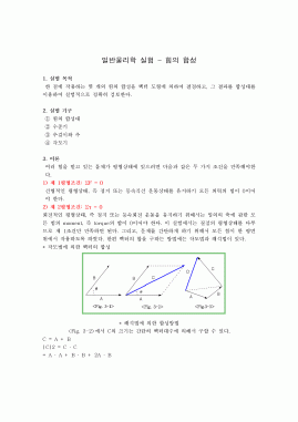 [자연과학] [일반물리학 실험] 힘의 합성 : 한 점에 작용하는 몇 개의 힘의 합성을 벡터 도형에 의하여 결정하고, 그 결과를 합성대를 이용하여 실험적으로 정확히 검토한다-1페이지