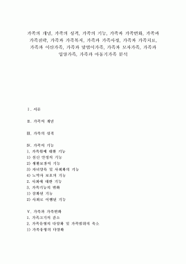 가족의 개념, 가족의 성격, 가족의 기능, 가족과 가족변화, 가족과 가족전략, 가족과 가족복지, 가족과 가족사정, 가족과 가족치료, 가족과 이산가족, 가족과 맞벌이가족, 가족과 모자가족,입양가족,아동기가족-1페이지