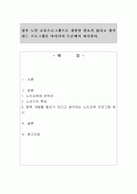 향후 노인 교육프로그램으로 개발될 필요가 있다고 생각하는 프로그램을 아이디어 수준에서 제시한다.-1페이지