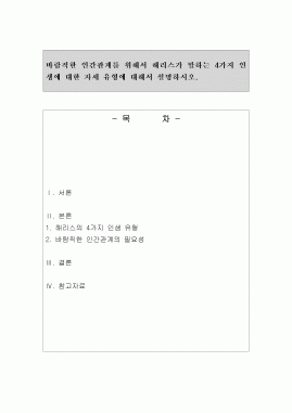 바람직한 인간관계를 위해서 해리스가 말하는 4가지 인생에 대한 자세 유형에 대해서 설명하시오. - 해리스의 4가지 인생 유형, 바람직한 인간관계 필요성-1페이지