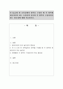 만 0,1,2세 반 보육실에서 영역을 구성할 때 각 영역에 제공되어야 하는 놀잇감의 종류와 각 영역이 구성되어야 하는 필요성에 대해 서술하시오. - 놀잇감과 필요성-1페이지