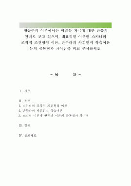 행동주의 이론에서는 학습을 자극에 대한 반응의 관계로 보고 있으며, 대표적인 이론인 스키너(Skinner)의 조작적 조건형성 이론, 반두라(Bandura)의 사회인지 학습이론 등의 공통점과 차이점을 비교 분석-1페이지