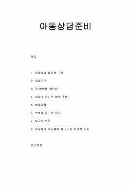 [아동상담] 아동상담준비 - 상담실의 물리적 환경 구성, 치료도구, 각 영역별 장난감, 상담의 윤리와 법적 조항, 비밀보장, 보호와 경고 및 보고의 의무, 상담자의 윤리적 지침-1페이지