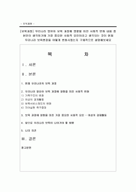 [보육과정] 우리나라 영유아 보육 과정에 영향을 미친 사회적 변화 내용 중 본인이 생각하기에 가장 중요한 사회적 요인이라고 생각되는 것이 현재 우리나라 보육현장을 어떻게 변화시켰는지 구체적으로 설명-1페이지