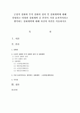 긍정적 강화와 부적 강화의 정의 및 강화계획에 대해 설명하고 다양한 강화계획 중 본인이 가장 효과적이라고 생각하는 강화계획에 대해 자신의 의견을 서술하시오 - 행동수정-1페이지