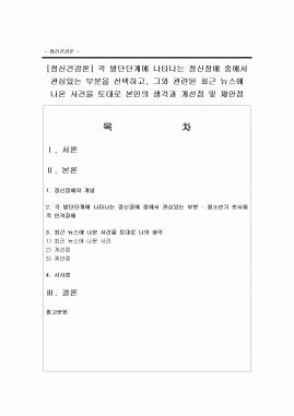 [정신건강론] 각 발단단계에 나타나는 정신장애 중에서 관심있는 부분을 선택하고,  그와 관련된 최근 뉴스에 나온 사건을 토대로 본인의 생각과 개선점 및 제안점 [정신장애]-1페이지