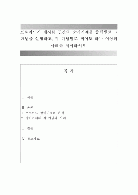 프로이드(Freud)가 제시한 인간의 방어기제를 종류별로 그 개념을 설명하고, 각 개념별로 적어도 하나 이상의 사례를 제시.-1페이지