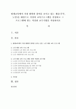 평생교육에서 가장 활발한 참여를 보이고 있는 계층(주부,  노인)을 대상으로 가상의 교육프로그램을 선정하고 그 프로그램에 맞는 적절한 교수기법을 작성 : 교수기법-1페이지